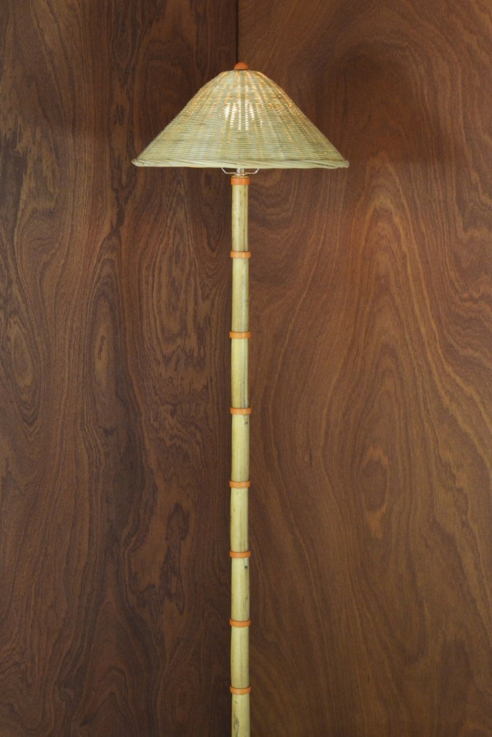 Bamboo and Leather Safari Lamp with Woven Helmet Shade — Model No. 048 ...
