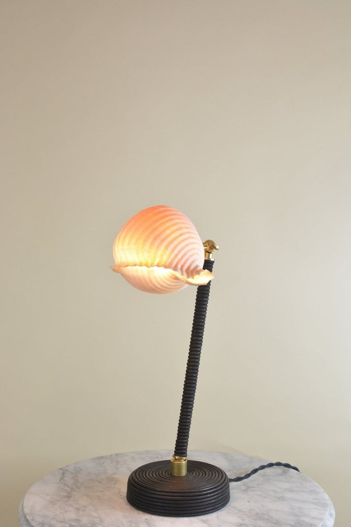 L’Escargot Lamp in Coiled Black Leather with Natural Sea Snail Shade ...